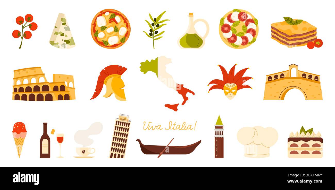 Famous landmark and culture of Italy set. Viva Italia handwritten text ...