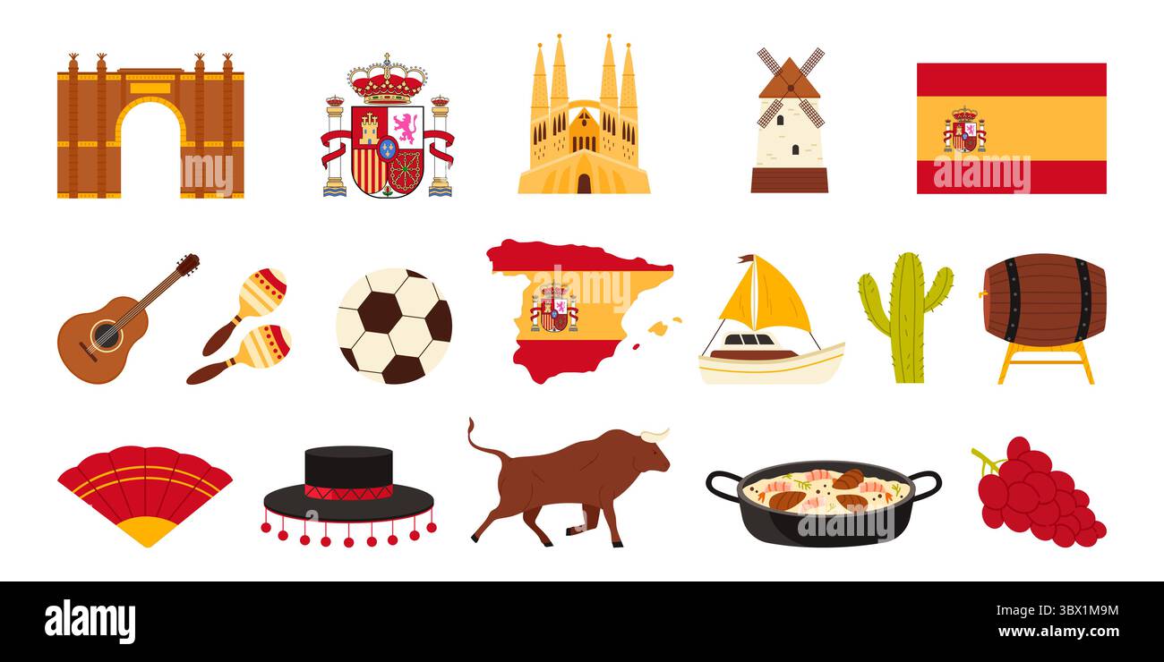 Travel to Spain, elements of culture and heritage landmarks set ...