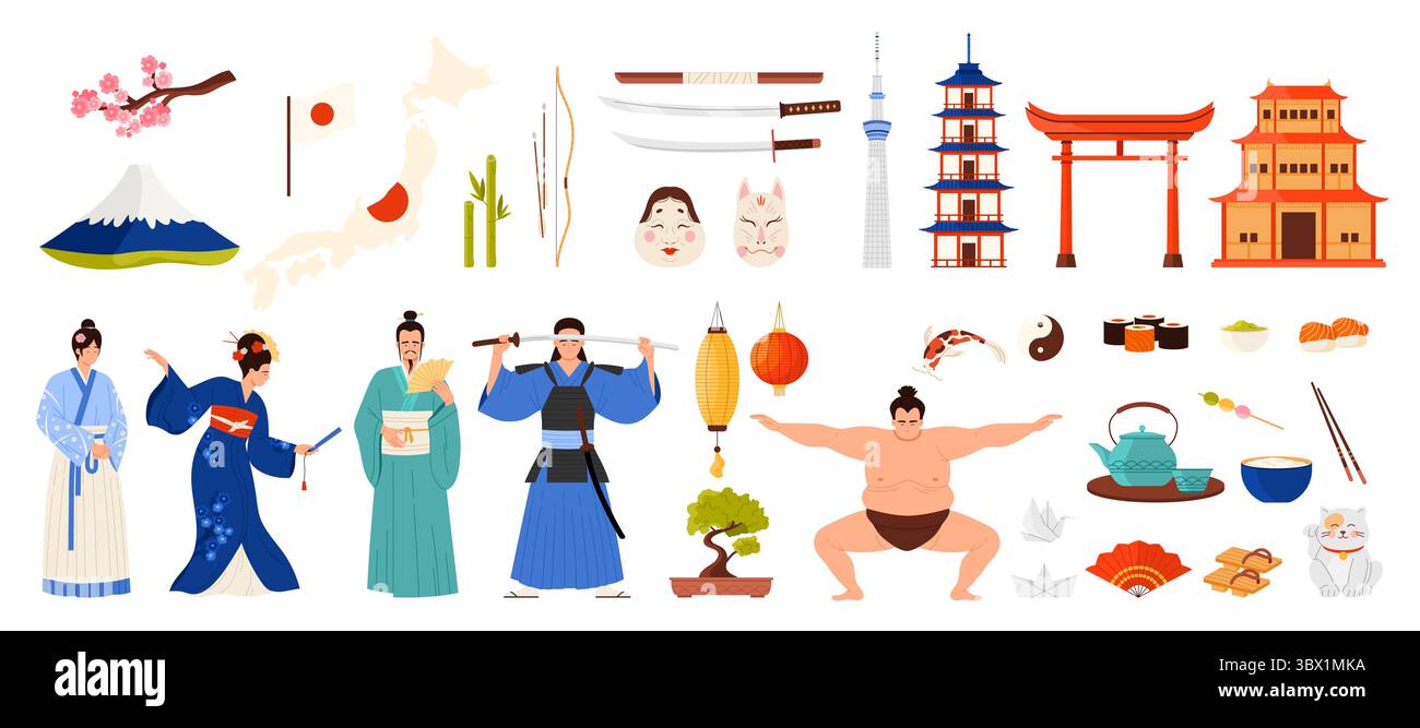 Travel to Japan infographic set. Japanese culture and food, people with ...