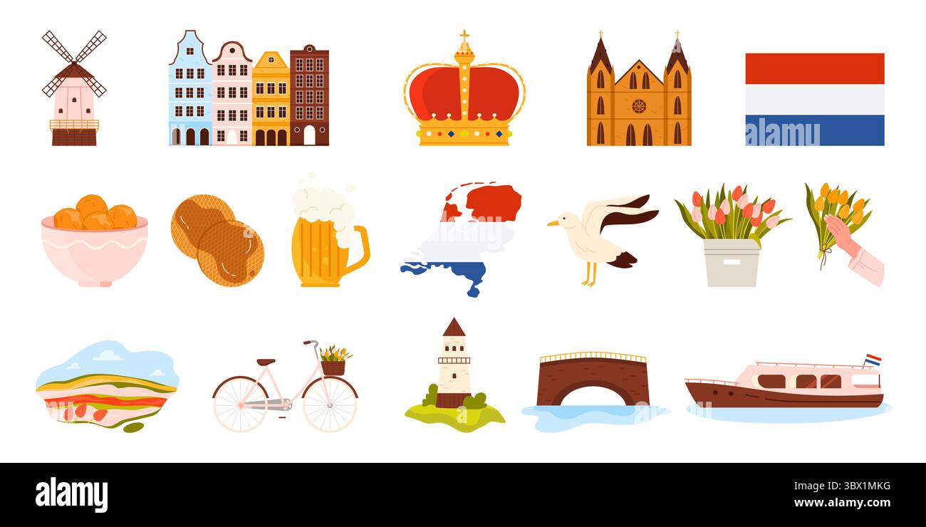 Travel to Netherlands set with Dutch culture and history landmarks ...