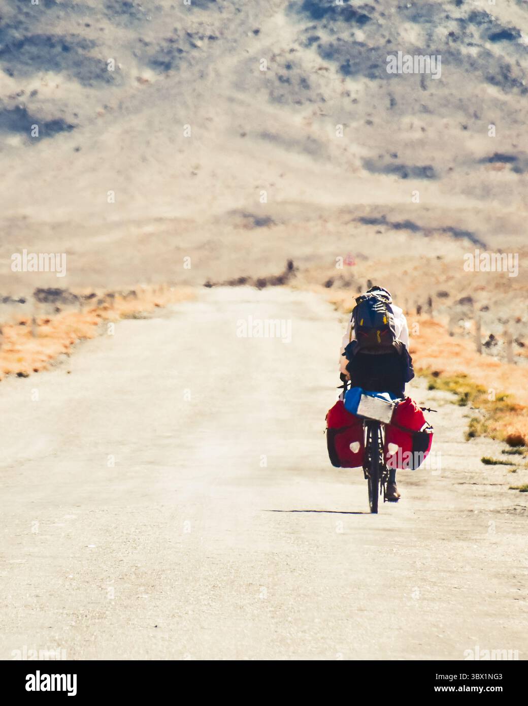 Back view adventurous caucasian male traveller cycle bicycle touring ...