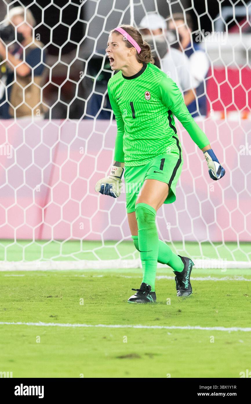 August 06, 2021: Goalkeeper Stephanie Labbe (1) of Canada celebrates ...