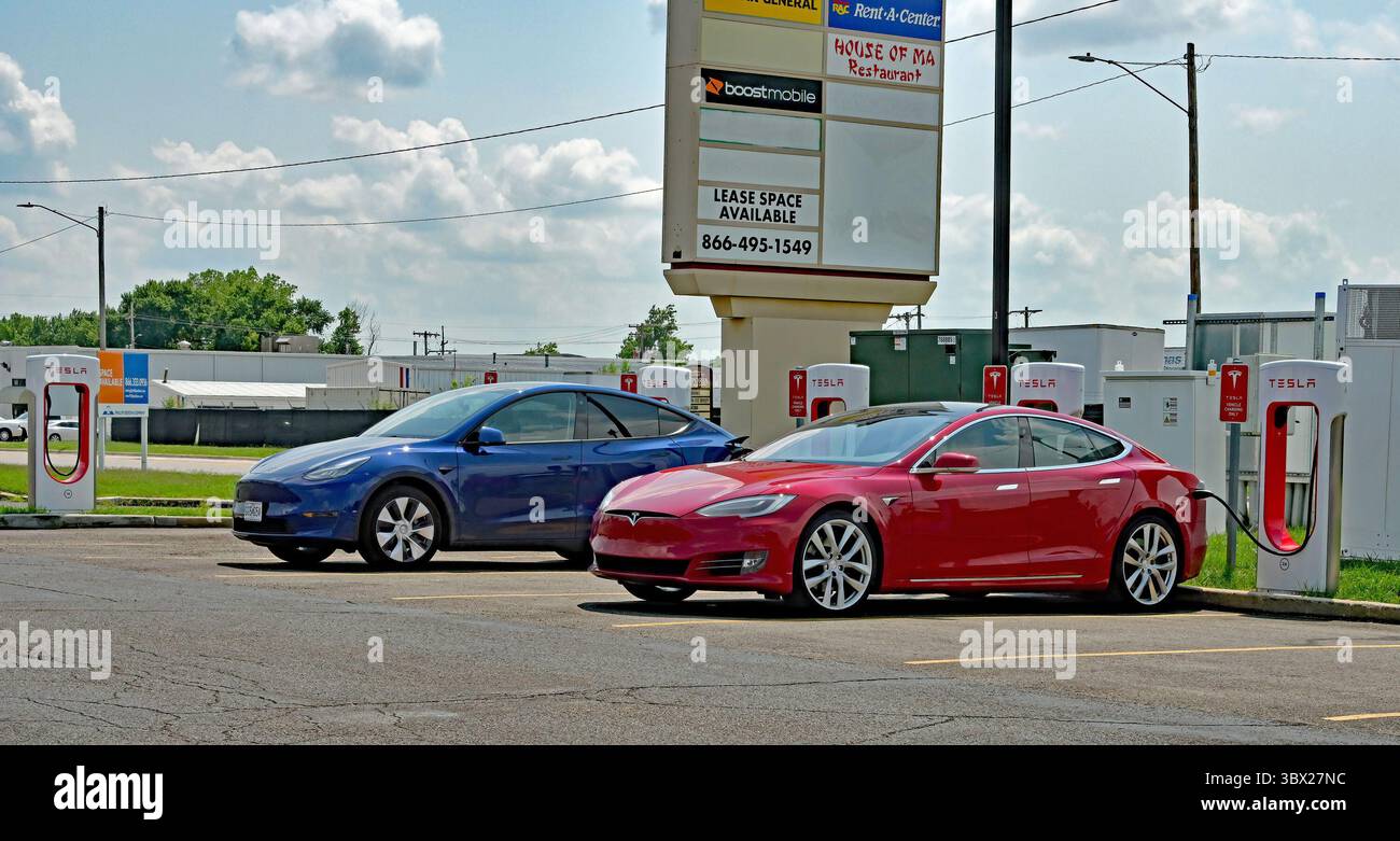 July 18, 2021, Emporia, Kansas, US: A blue Model Y Tesla Hatchback and ...
