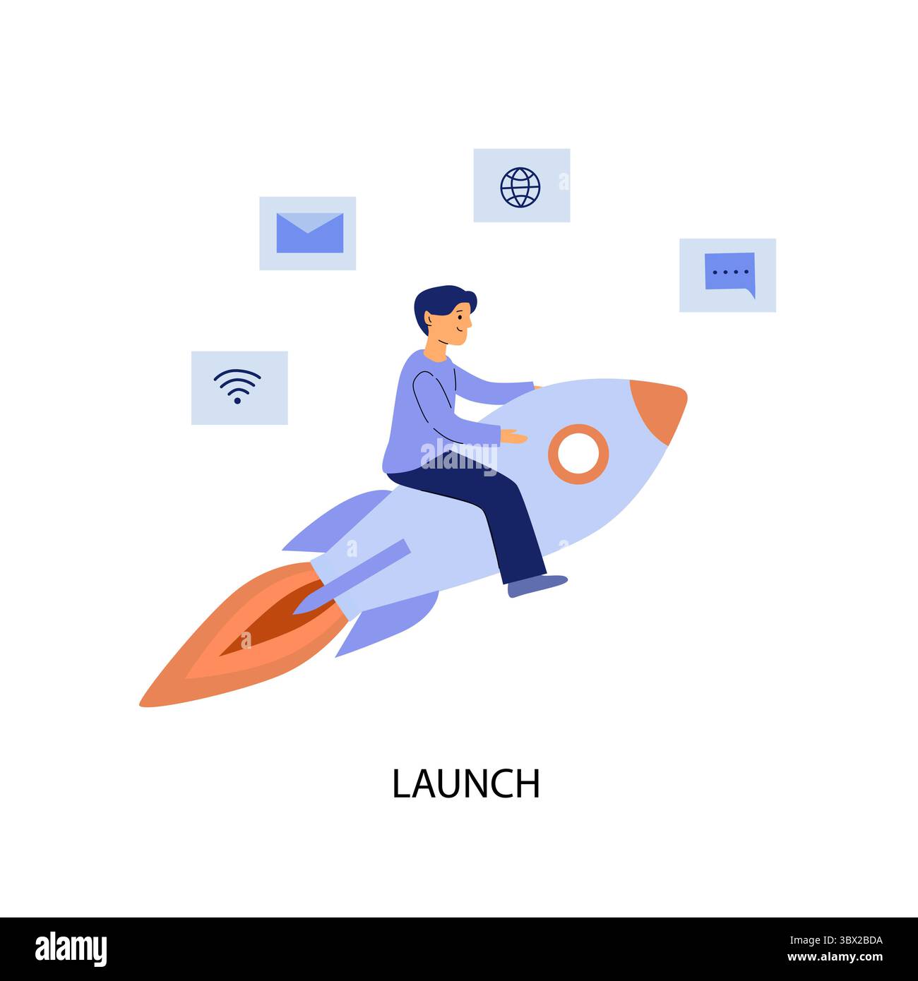 man flying on a rocket, around the icon of online promotion, internet ...
