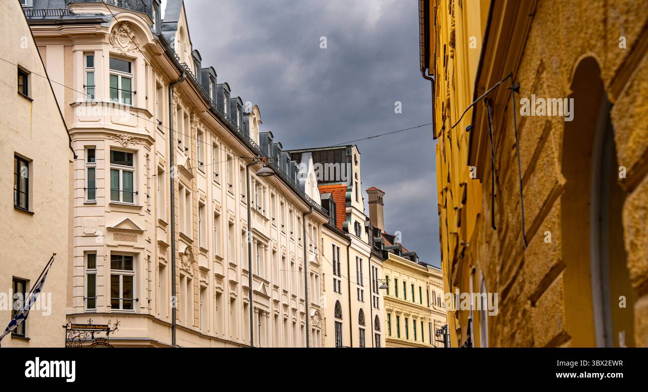 Historic Bavarian Architecture In Munich: Yellow Corner Building With ...