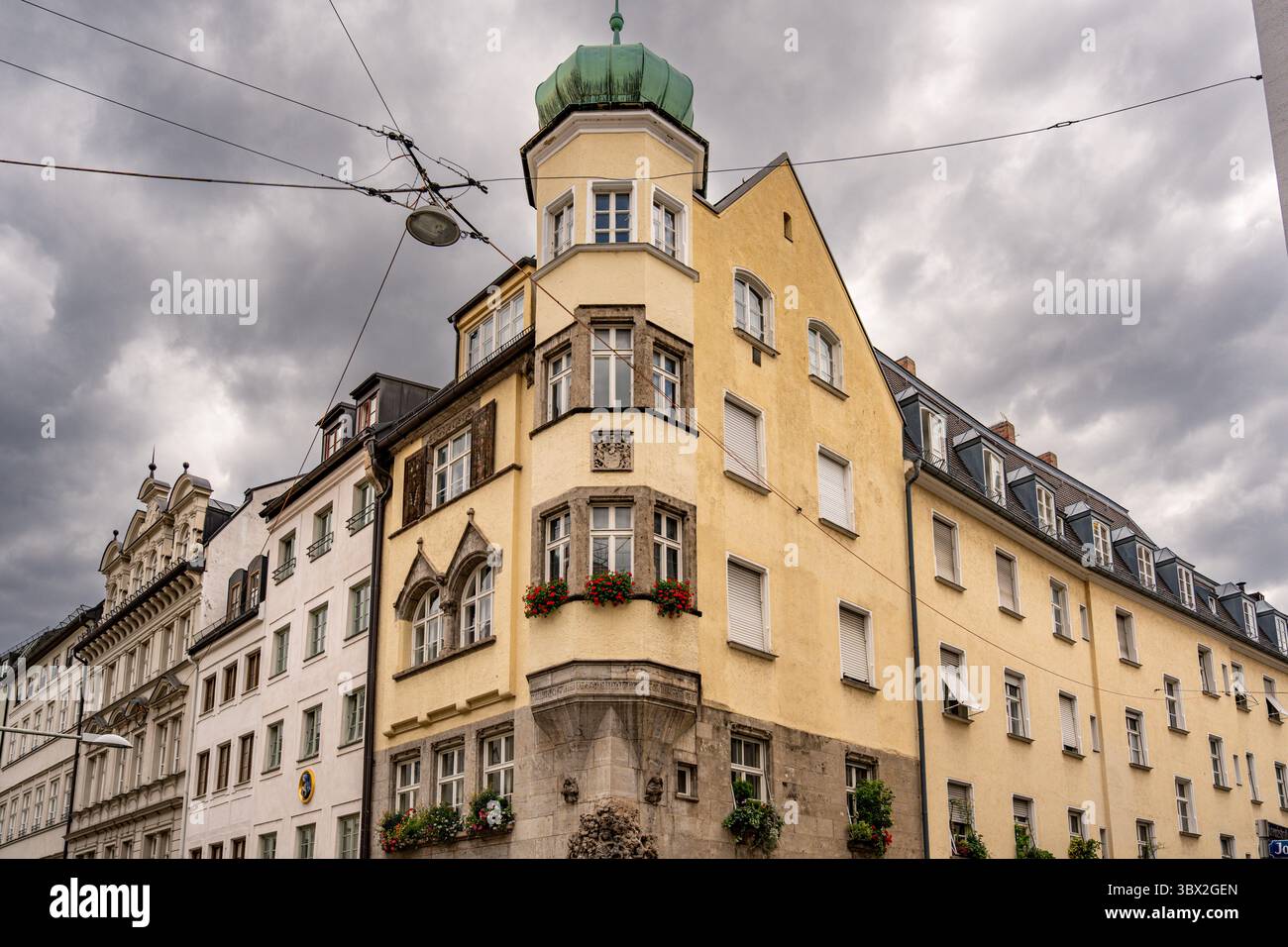 Historic Bavarian Architecture In Munich: Yellow Corner Building With ...