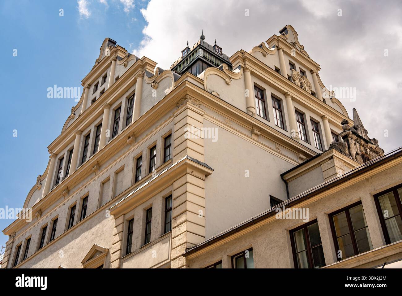 Historic Bavarian Architecture In Munich: Yellow Corner Building With ...