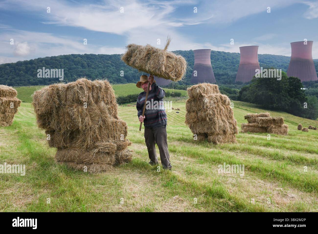 Farmer stacking hay bales by hand near Ironbridge Power Station cooling ...