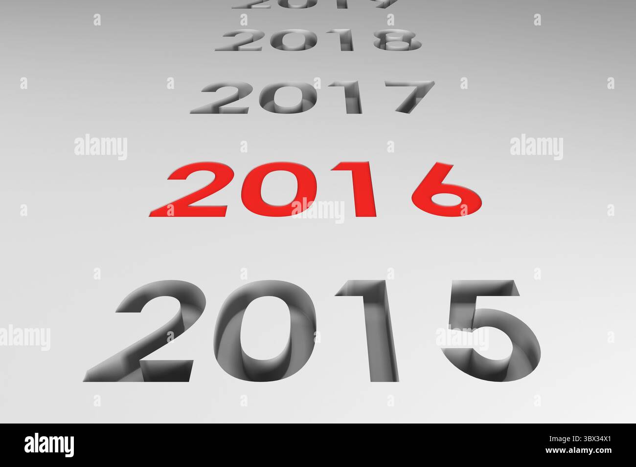 Red 2016 numeral is standing in 3D render on light-gray plane, showing ...