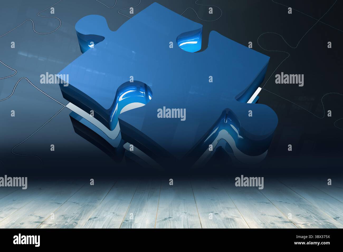 Glossy blue 3D render puzzle piece is floating above light wooden floor ...