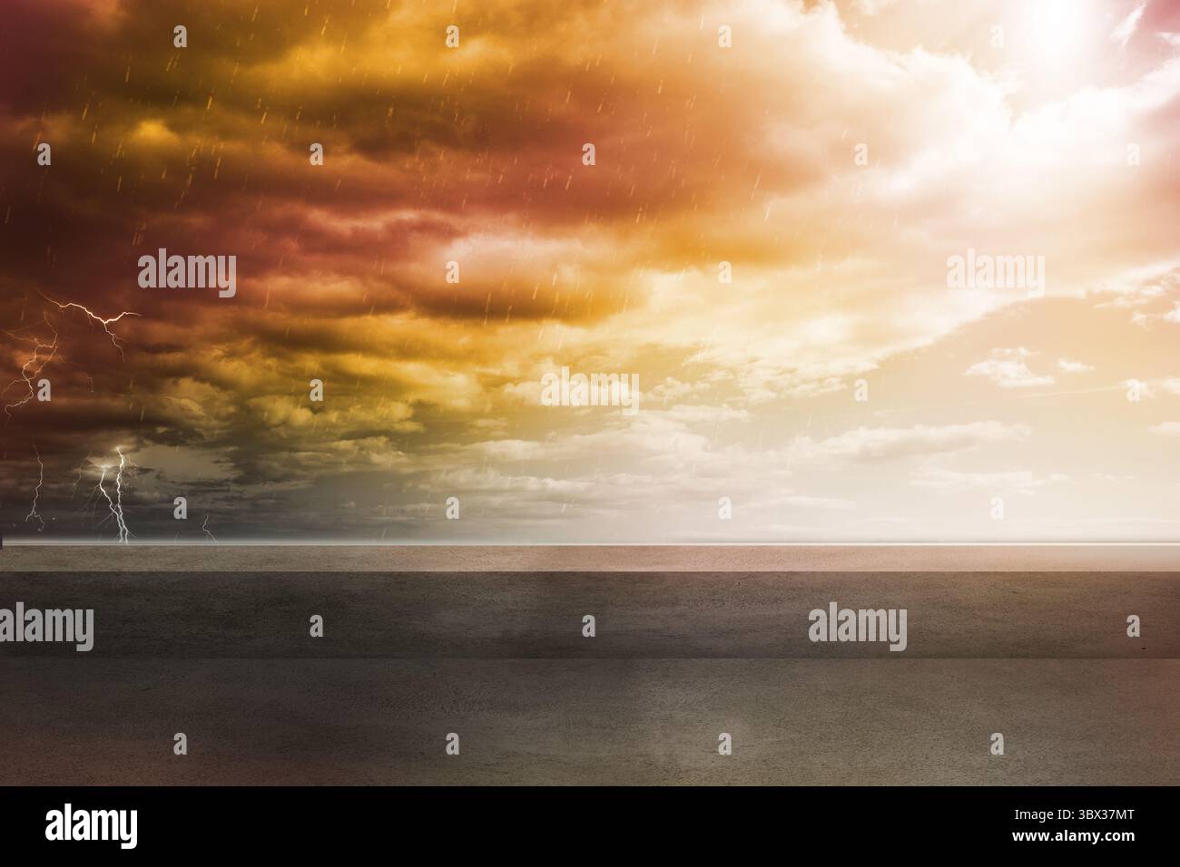 Stormy sky and ocean horizon are unfolding in flat design with rain ...