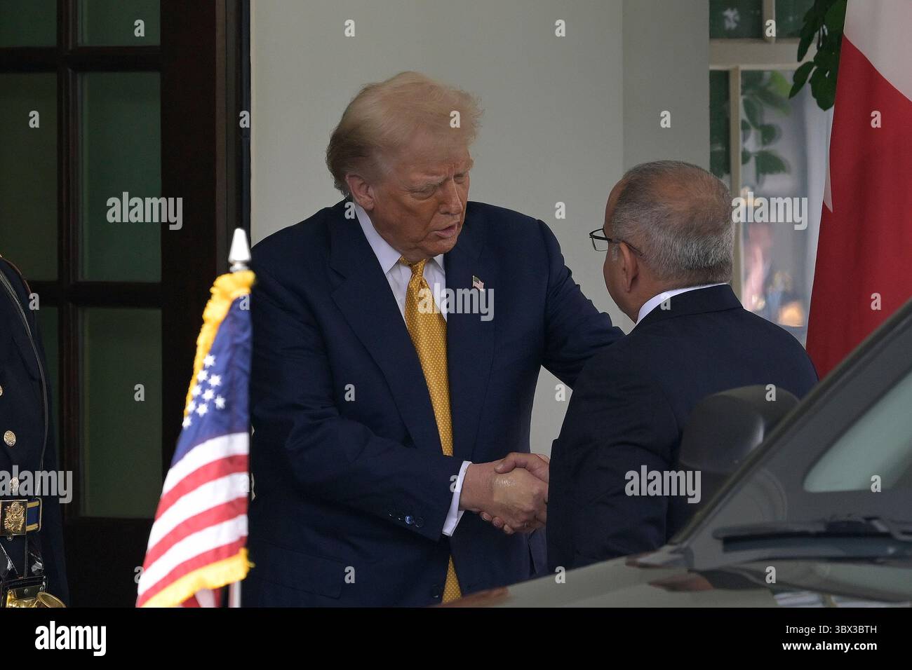 US President Donald Trump greets the Crown Prince and Prime Minister of ...