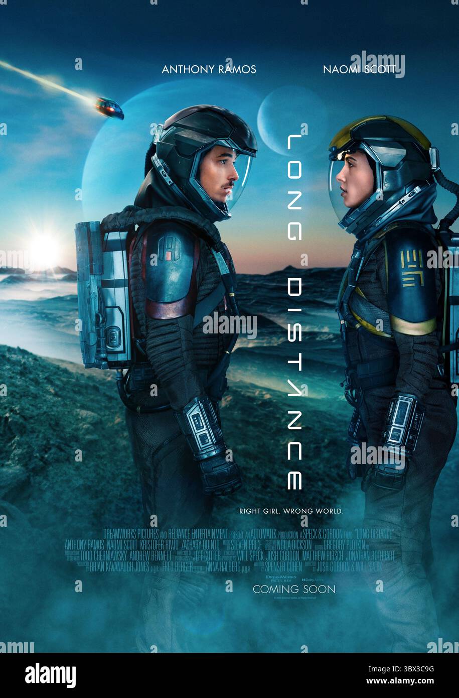 Long Distance movie poster Anthony Ramos & Naomi Scott Stock Photo - Alamy