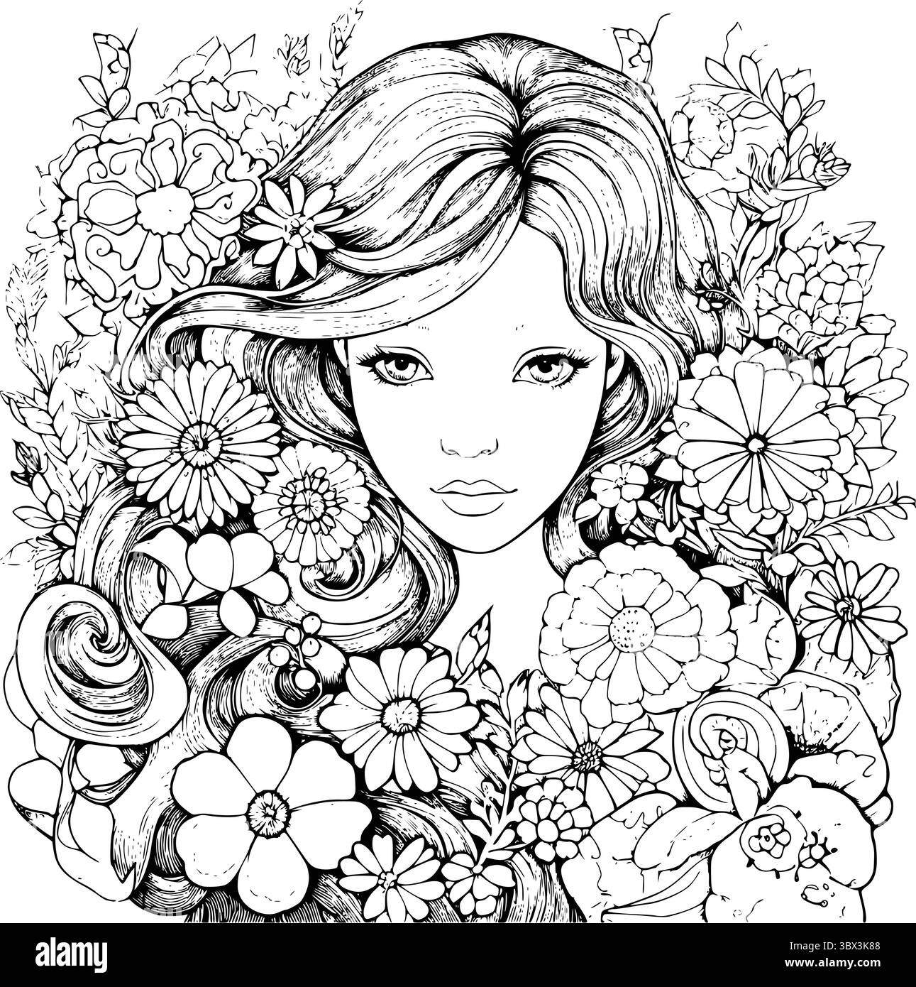 Girl With Flowers Coloring Page For Kids Stock Vector Image & Art - Alamy