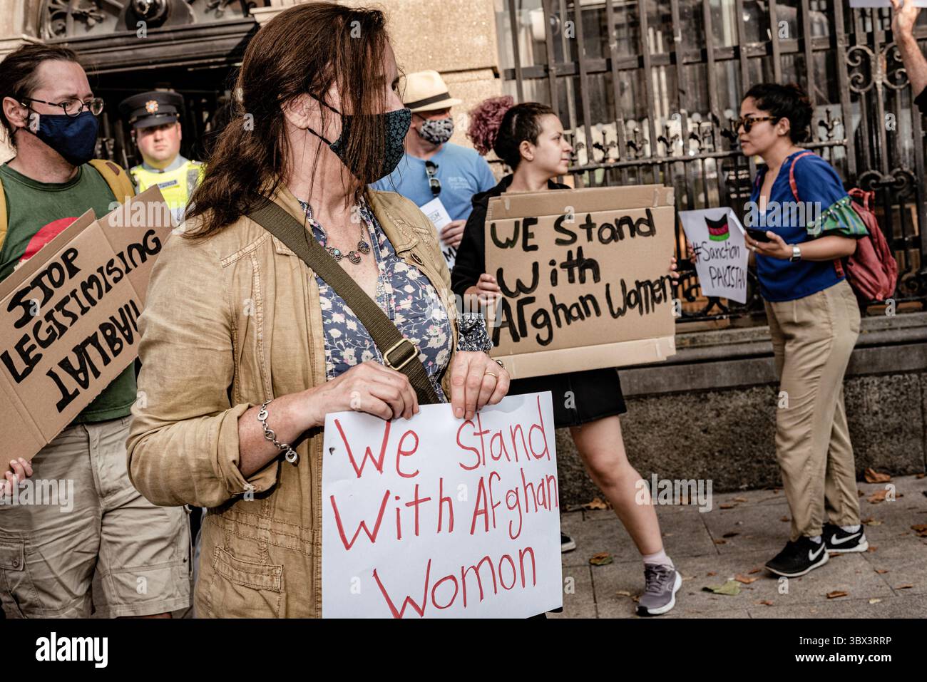 August 26, 2021, Dublin, Ireland: Protesters hold placards during the ...