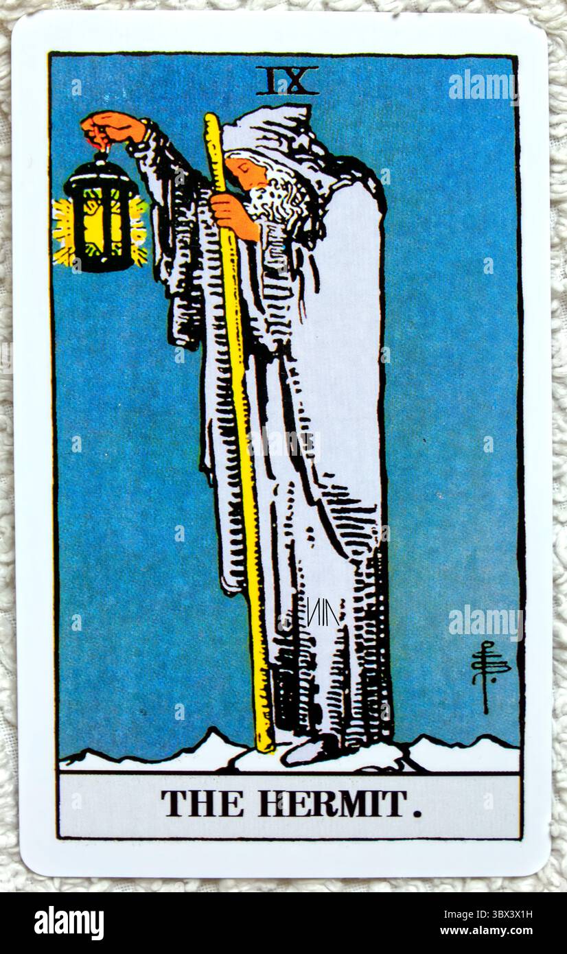 The Hermit - number 9 - Individual Tarot card studio set up on textured ...