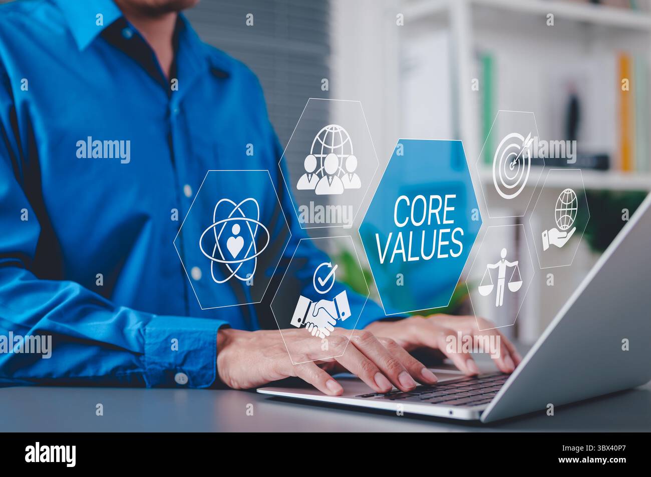 Core Values and Corporate Ethics Concept. Businessman using laptop with ...