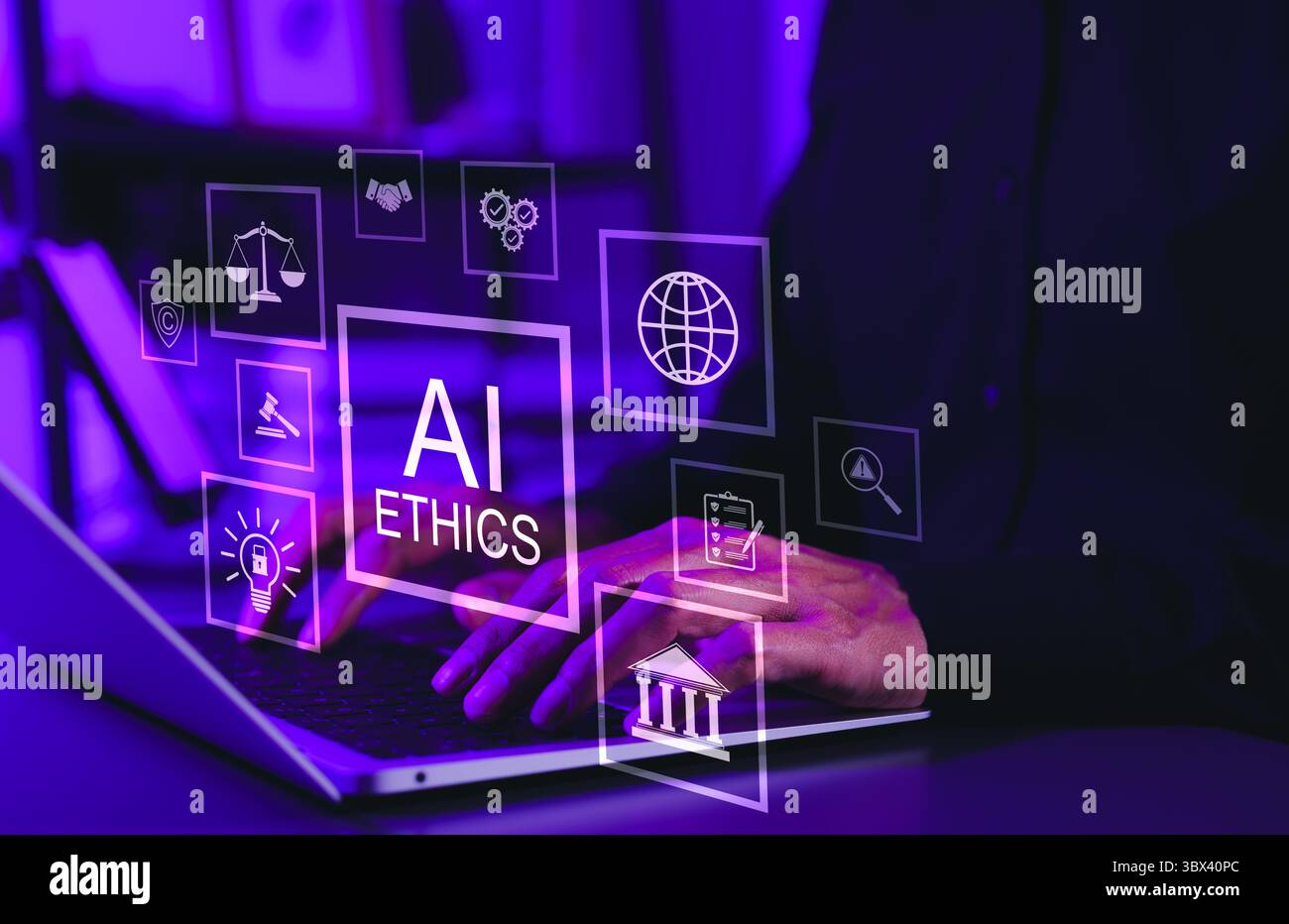 AI Ethics and Governance in Artificial Intelligence. A person working on laptop with icons ...