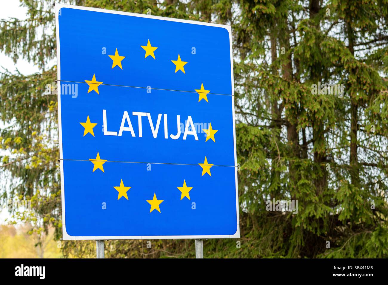 European Union border sign marking entry into Latvia, with the word ...