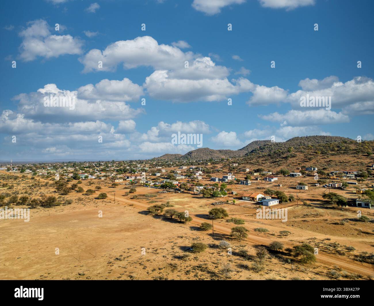 aerial view african village southern Africa, mountain range and hills ...