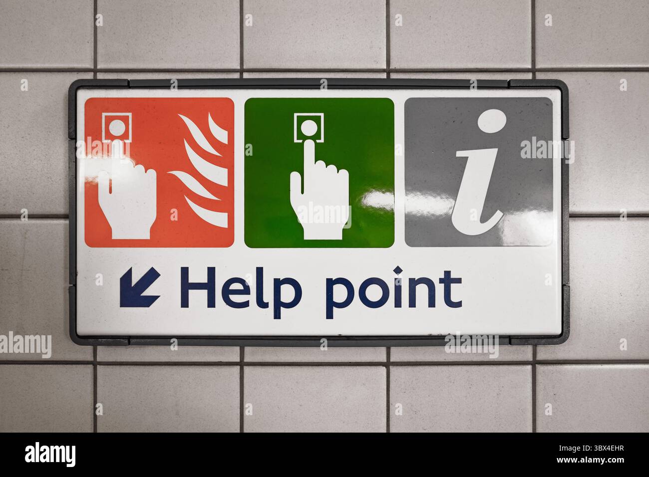 Subway station help point sign with fire alarm, emergency call button ...