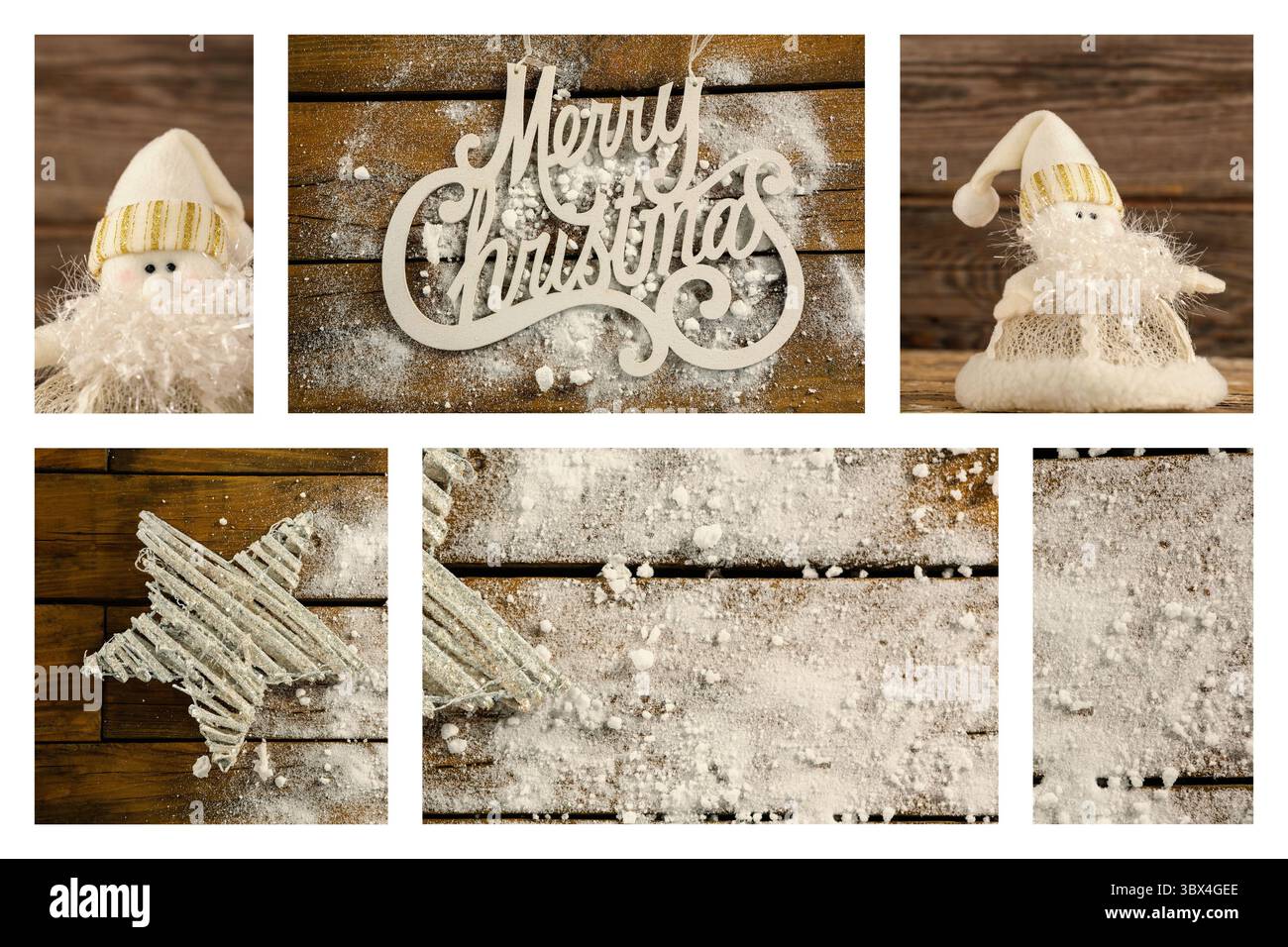 Showing Christmas panels on snowy wood featuring Santa dolls, stars ...