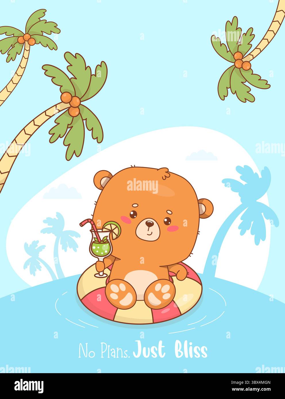 Cute summer bear relaxing in inflatable ring with tropical drink. Funny ...