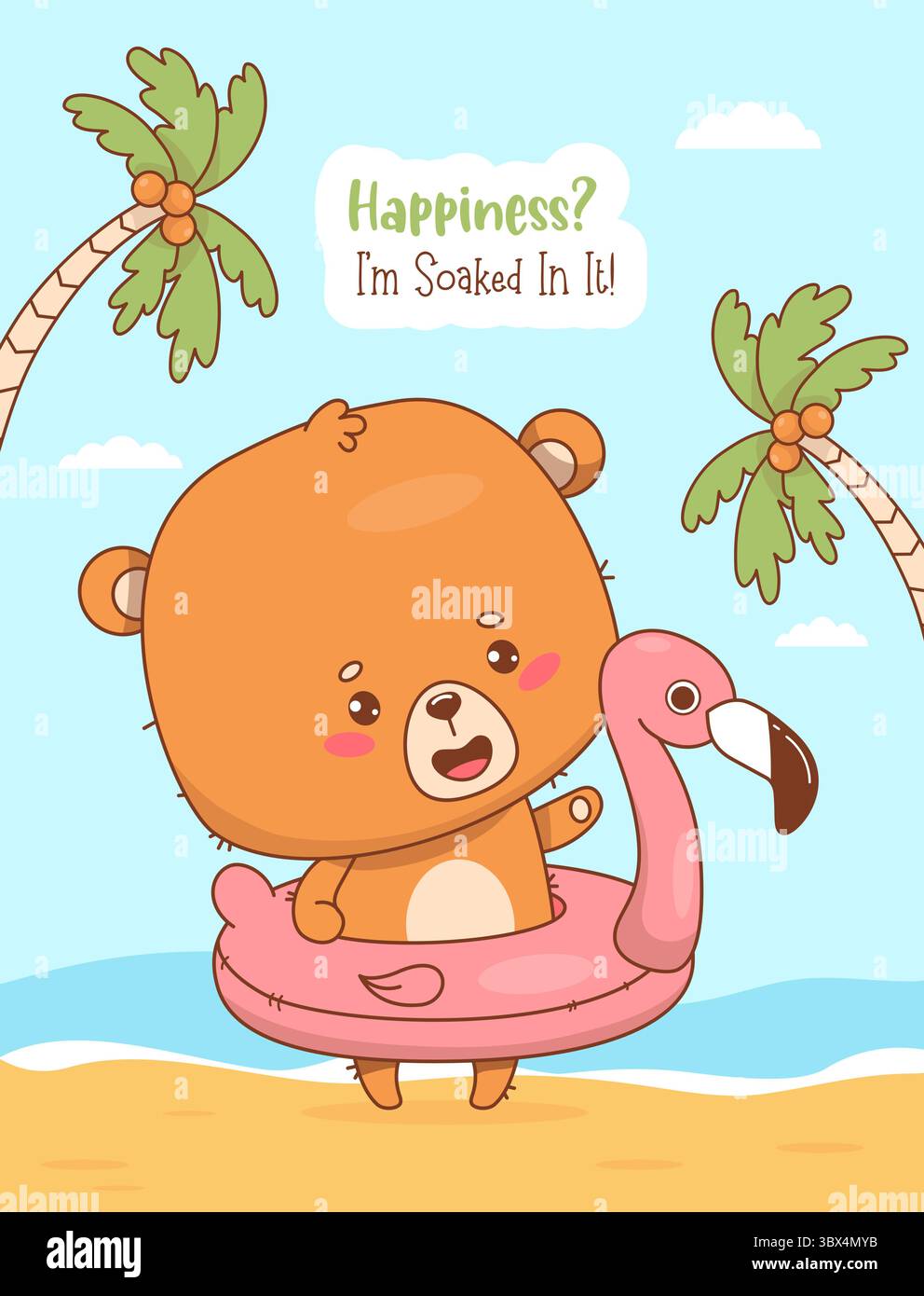 Cute summer bear Teddy with inflatable pink flamingo. Funny poster with ...