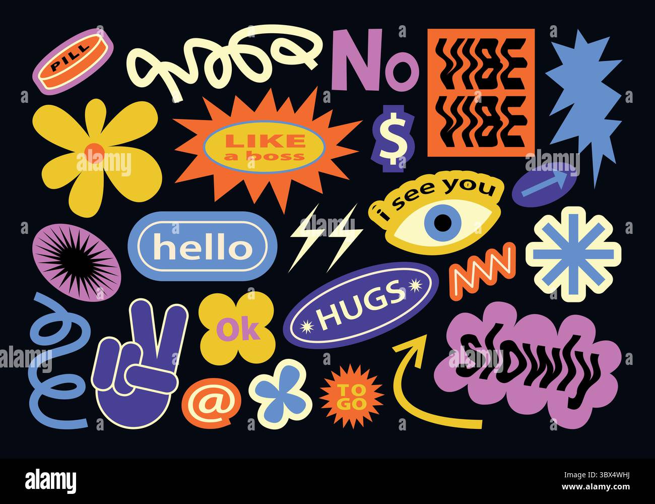 Funny collection of y2k patches, labels, tags. Flat stickers with short ...