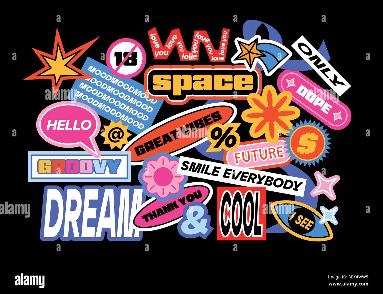 Retro groovy label stickers hi-res stock photography and images - Alamy