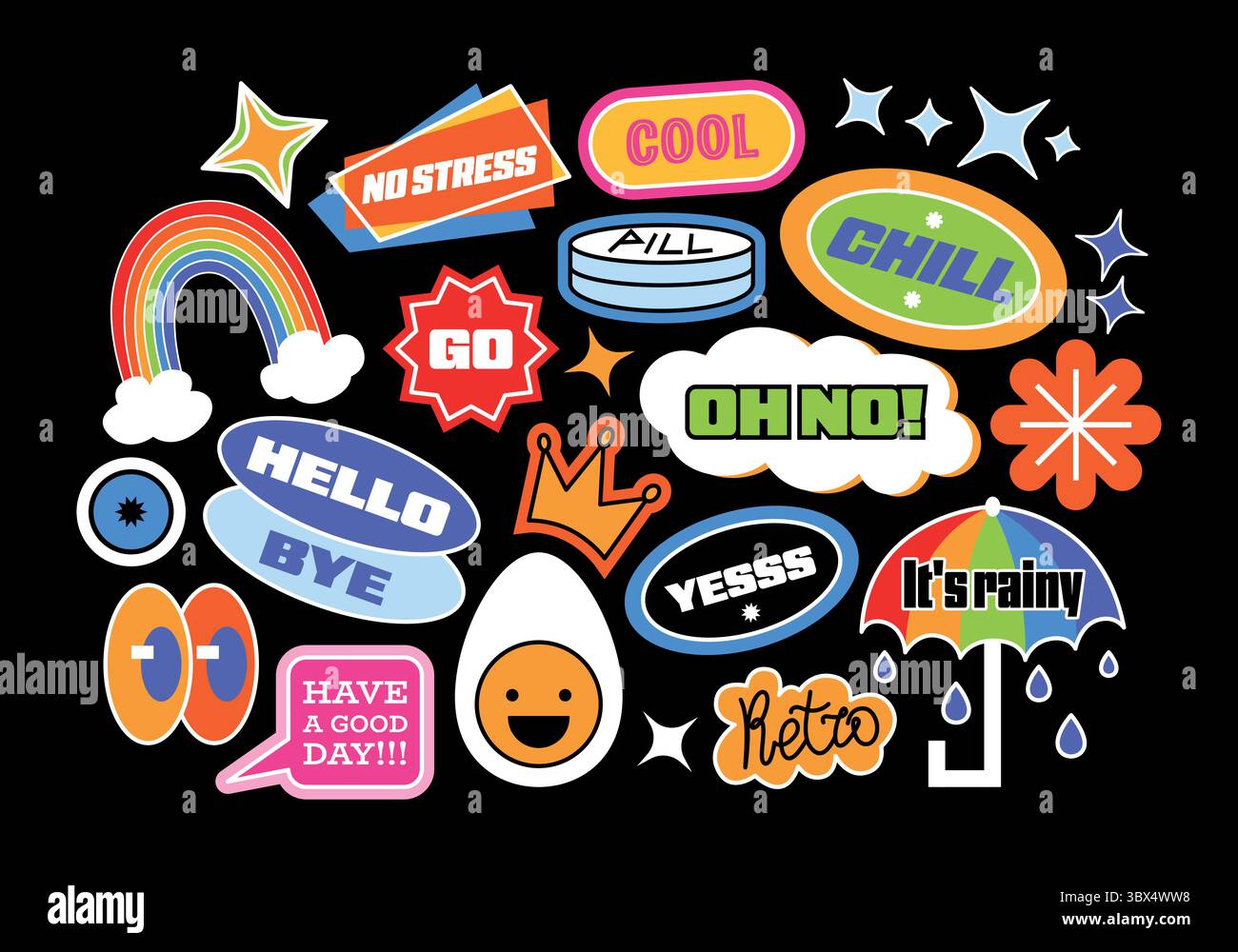 Funny collection of y2k patches, labels, tags. Flat stickers with short ...