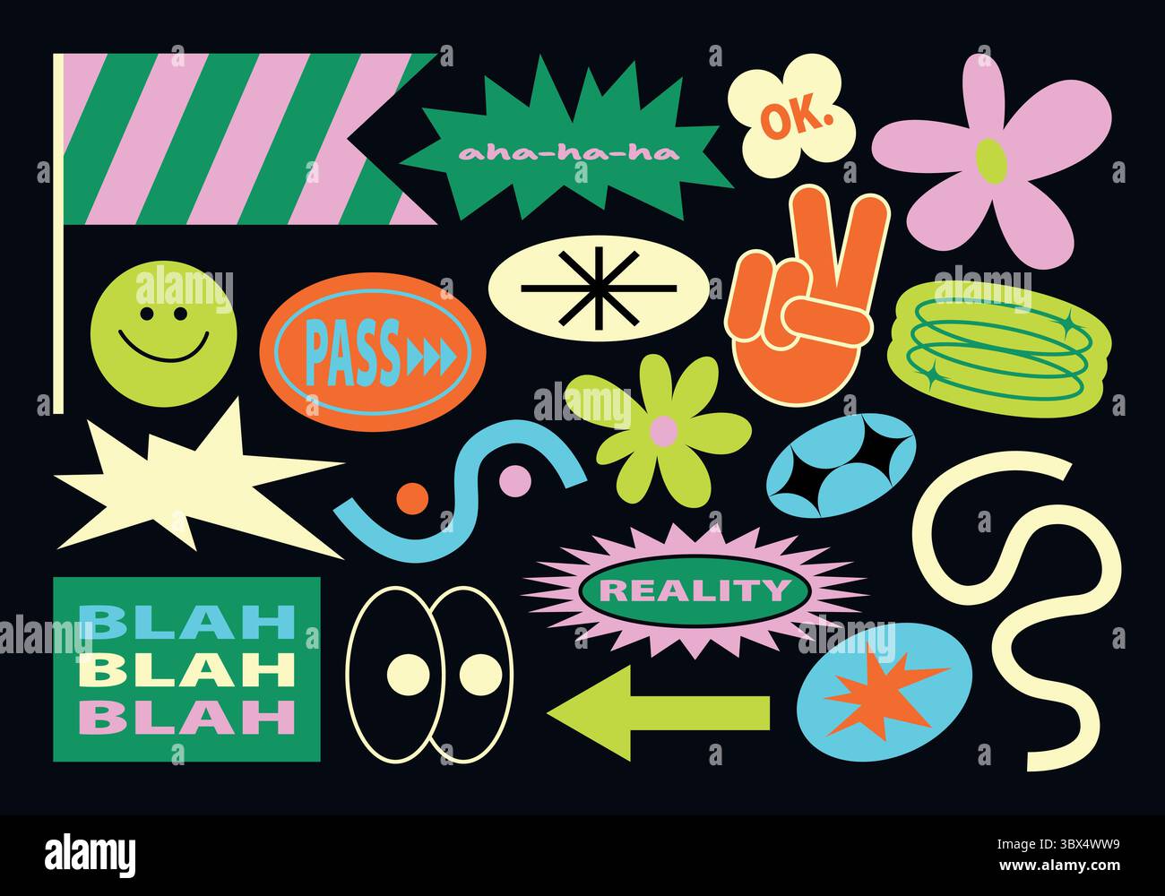 Funny collection of y2k patches, labels, tags. Flat stickers with short ...