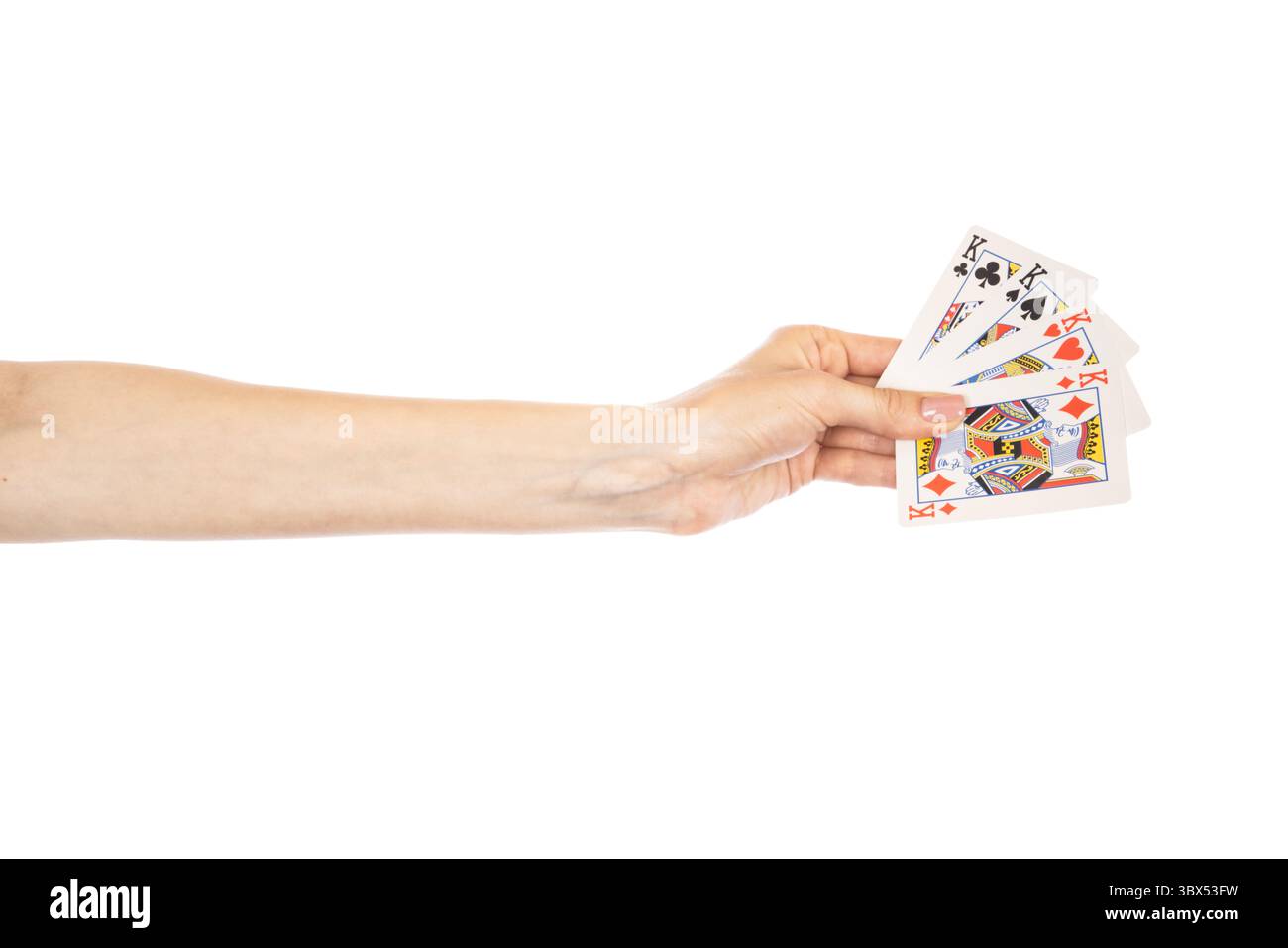 Playing cards in hand isolated on white background Stock Photo - Alamy