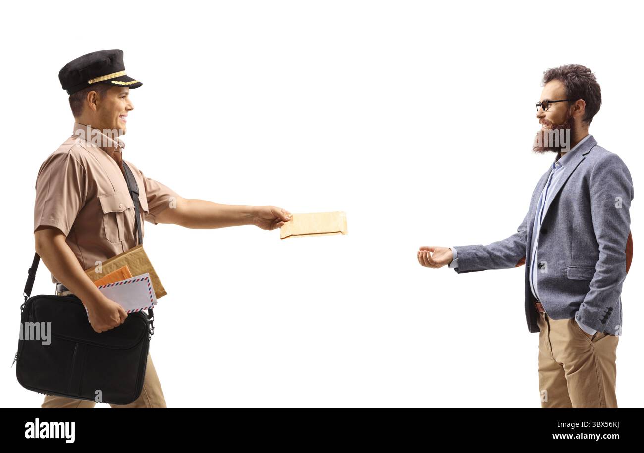 Postman delivering letter to a man isolated on white background Stock ...