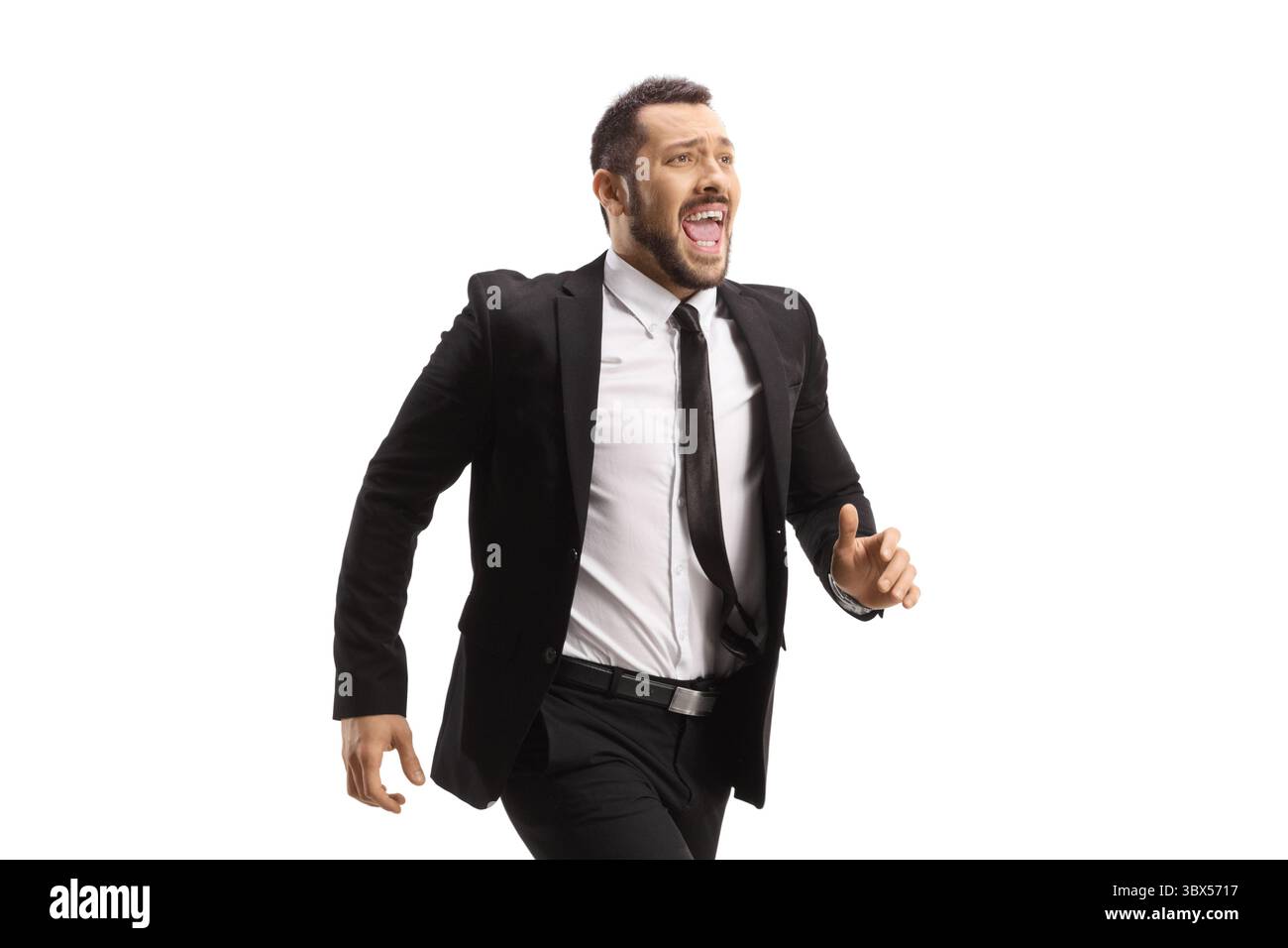 Businessman running and shouting isolated on white background Stock ...