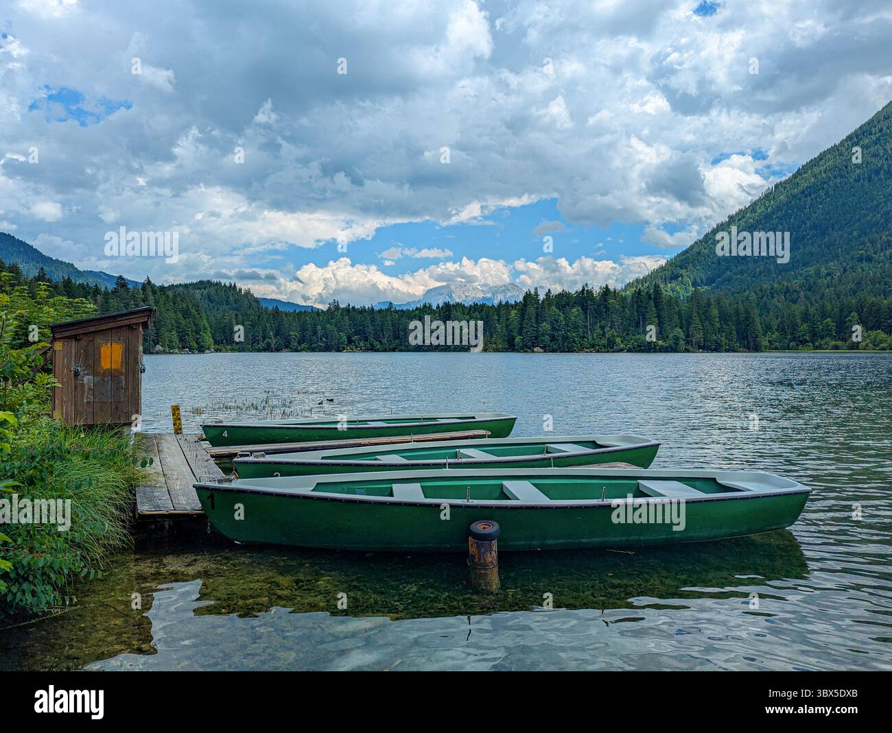 Rowing Boats On The Banks Of The Hintersee, A Picturesque Mountain Lake ...