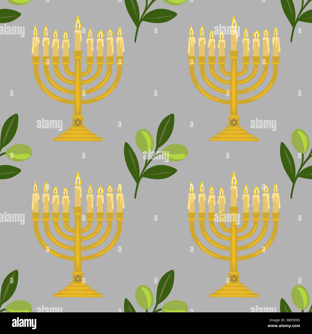 Seamless vector pattern of golden menorahs with burning candles and ...
