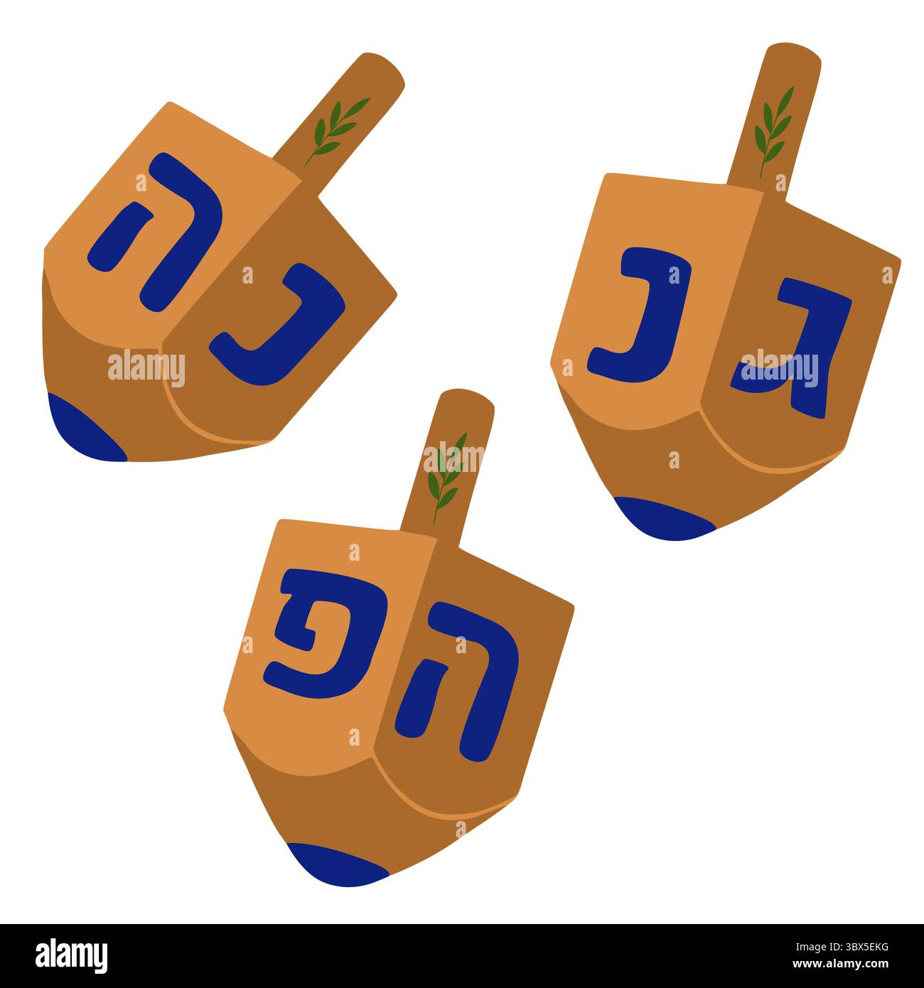 A playful vector illustration featuring three dreidels, traditional ...