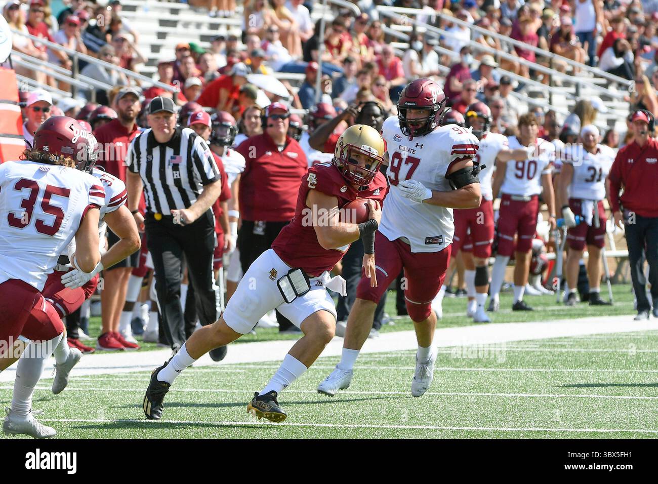 Saturday September 4, 2021: Colgate Raiders head coach Stan Dakosty (red hat) watches game ...