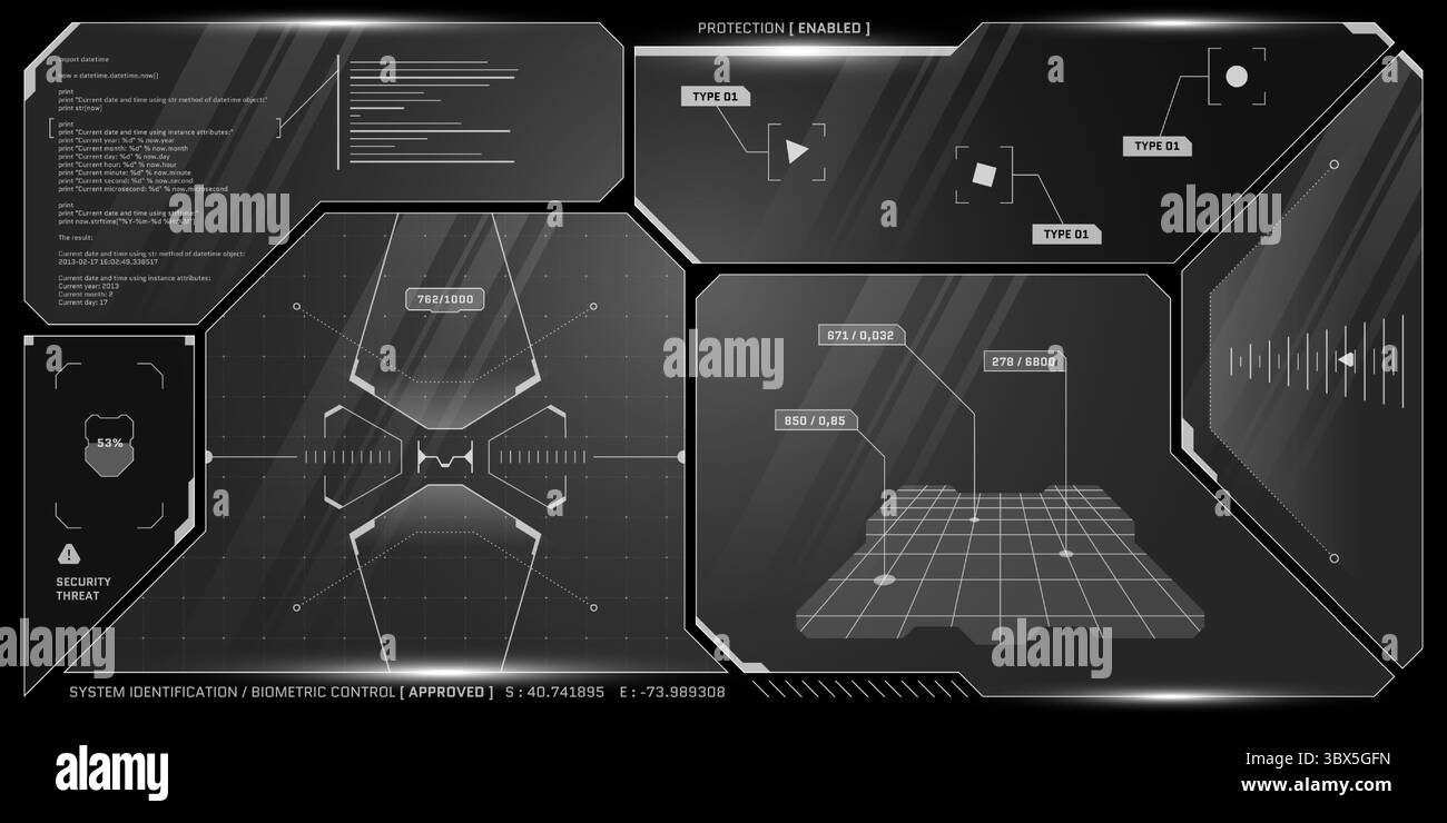 Scifi spaceship cockpit interface with radar, charts and holograms. Transparent HUD panels float ...