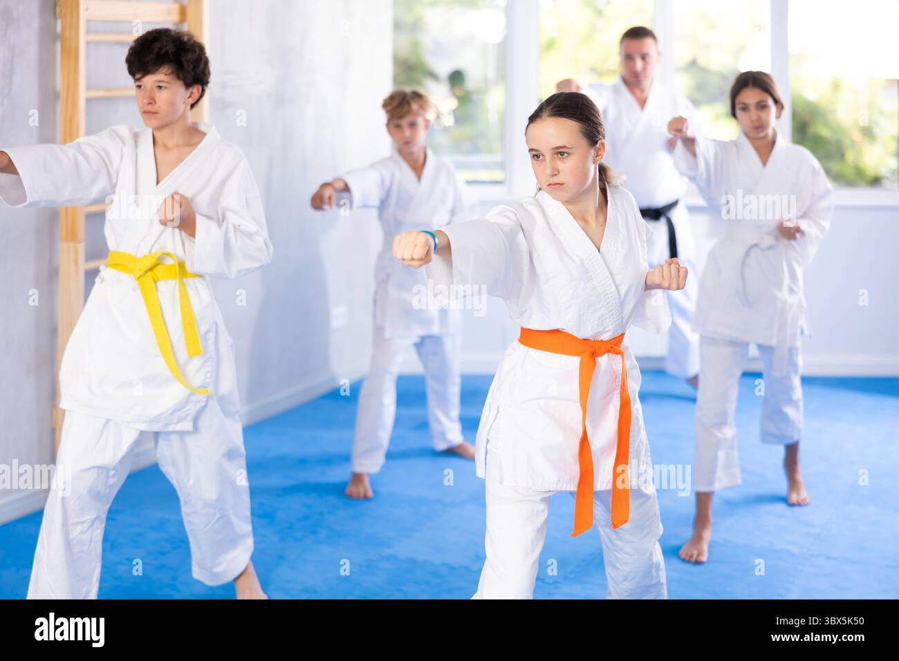 Children in kimono standing in fight stance during group karate ...