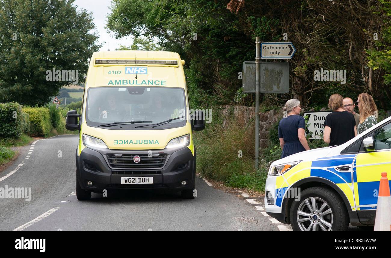 Emergency services near the scene of a bus crash on the A396 Cutcombe ...