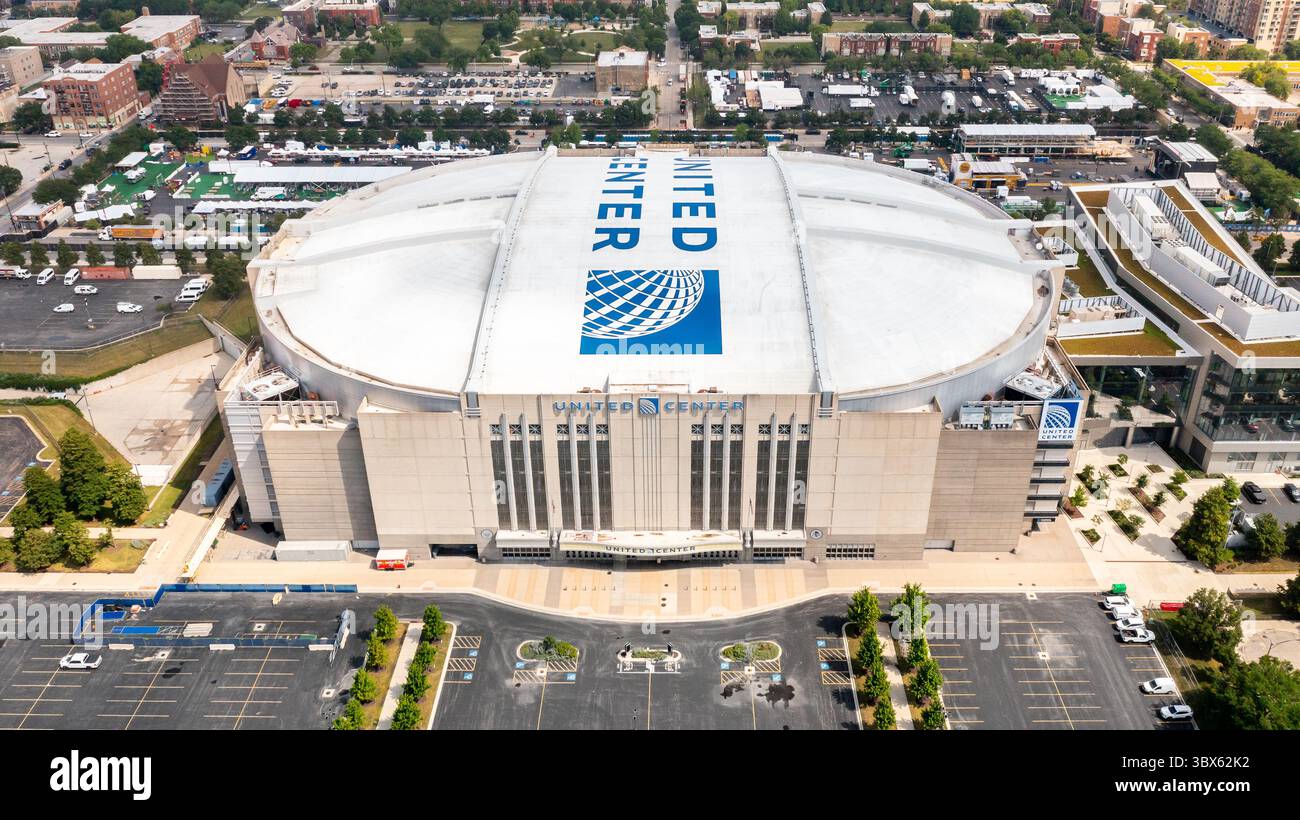 Aerial view of the United Center, which opened in 1994 and the largest ...