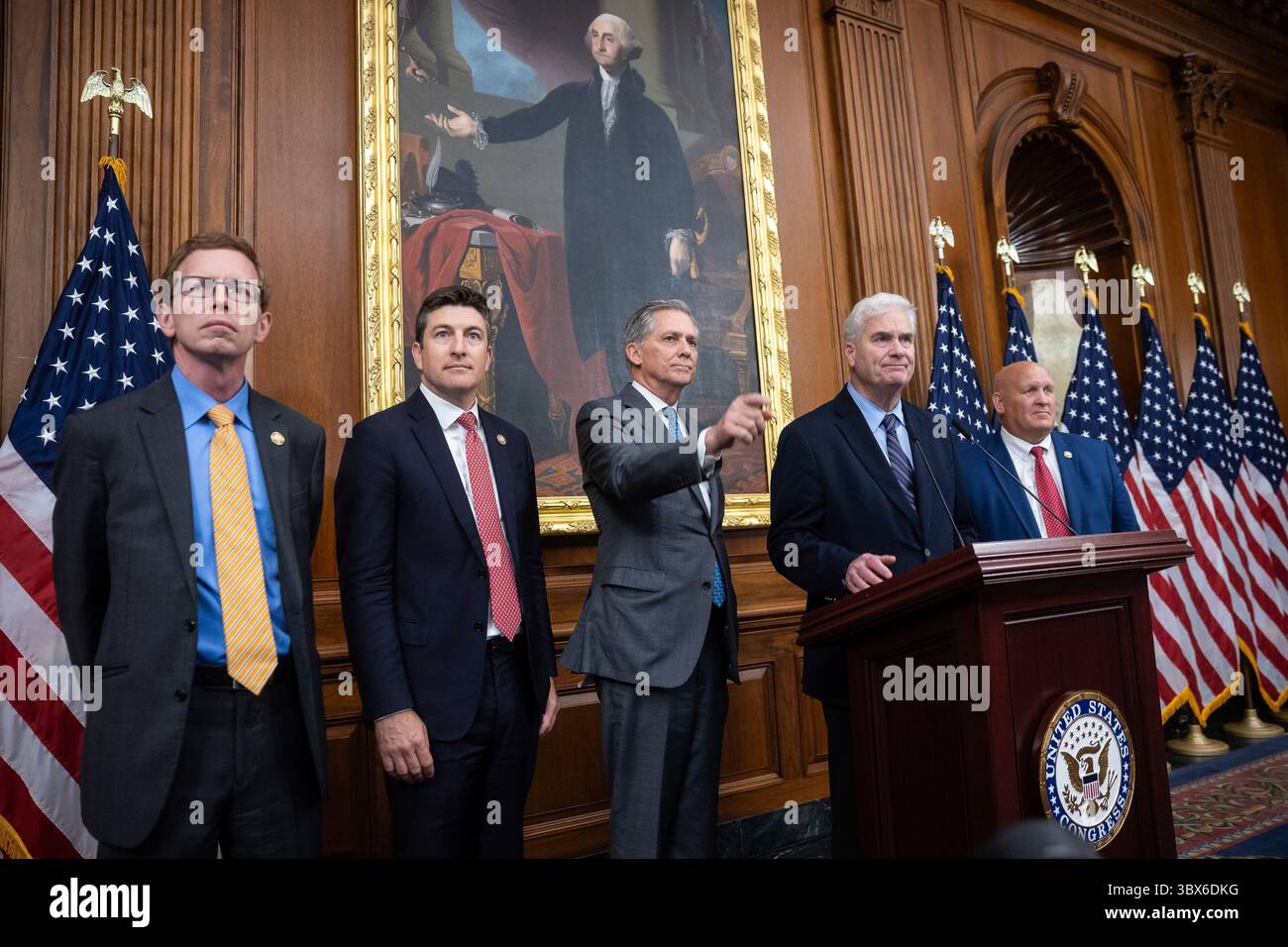 From left, Reps. Dusty Johnson (R-S.D.), Brian Steil (R-Wis.), French ...