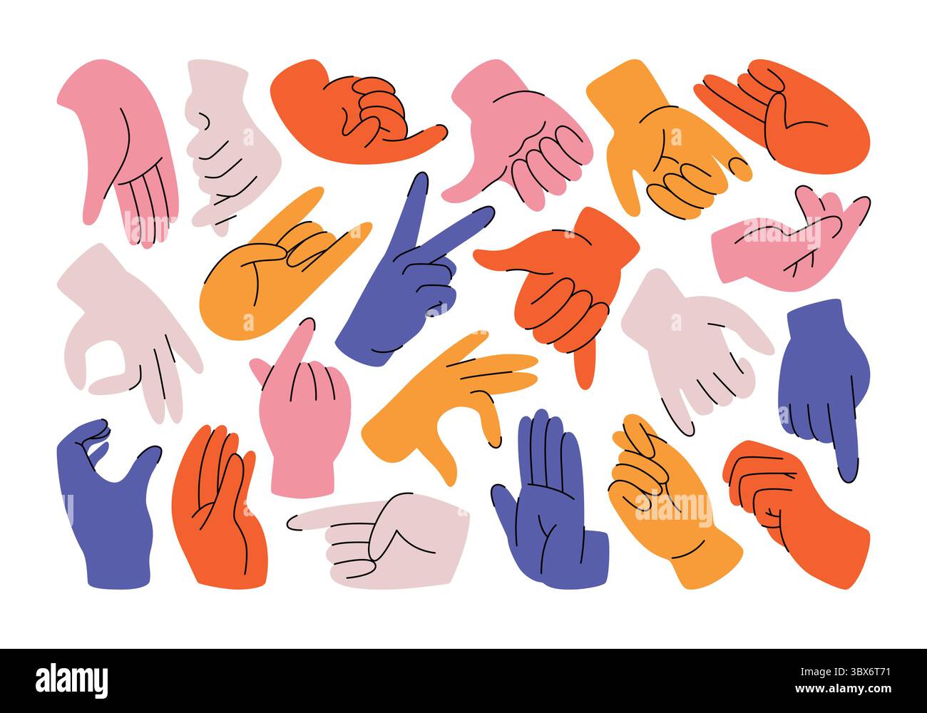 Set of hands with different gestures and signs. Hand drawn flat vector illustrations, hands ...