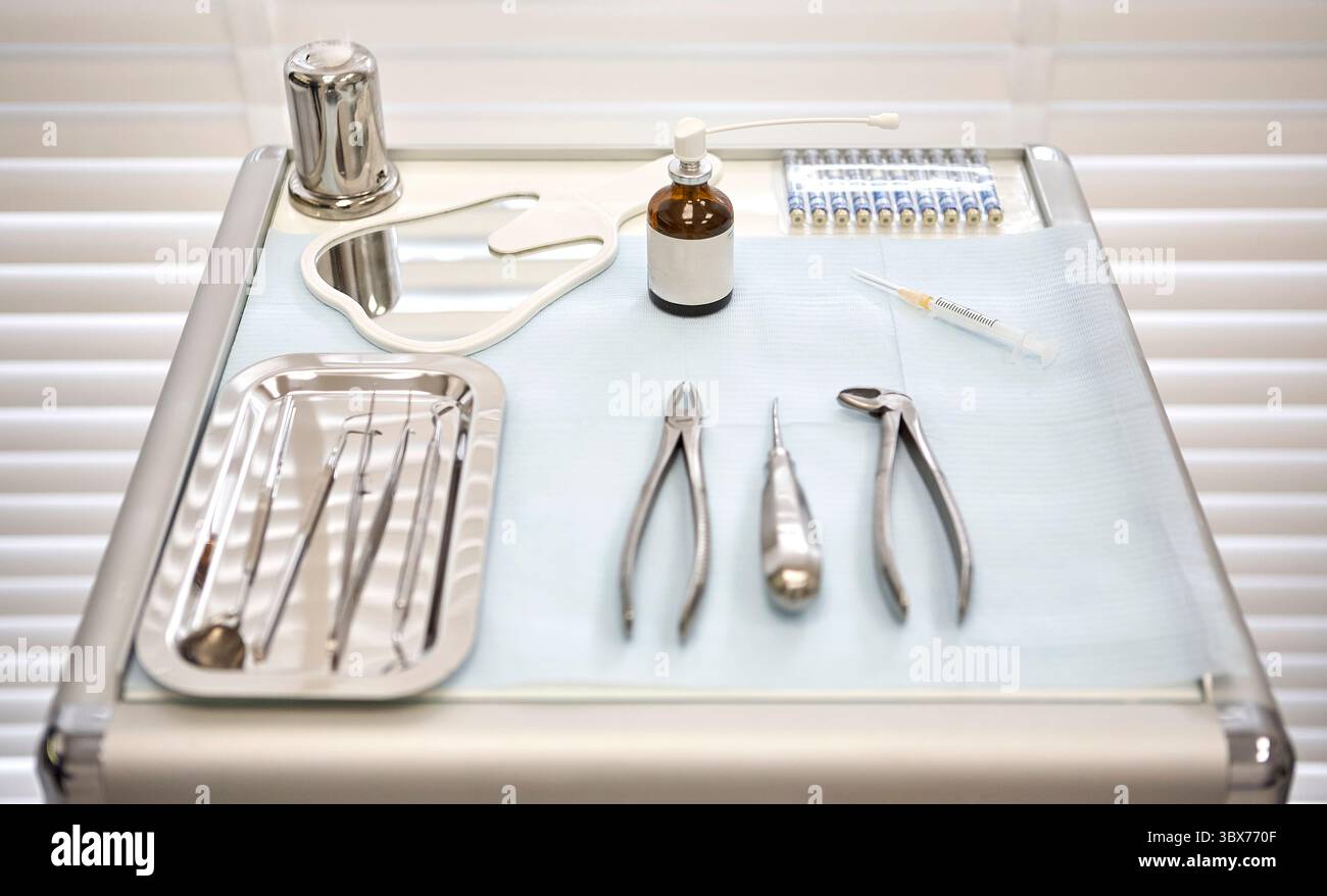Close-up image of stainless steel dental instruments arranged on a ...