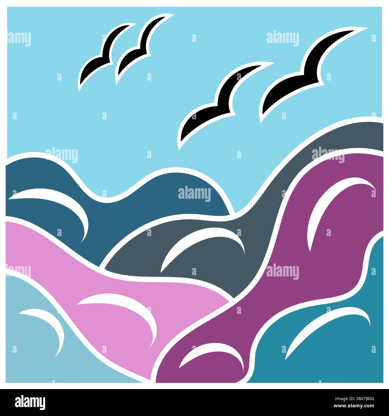 Flying birds abstract. Ocean waves pattern. Scenic seascape view ...
