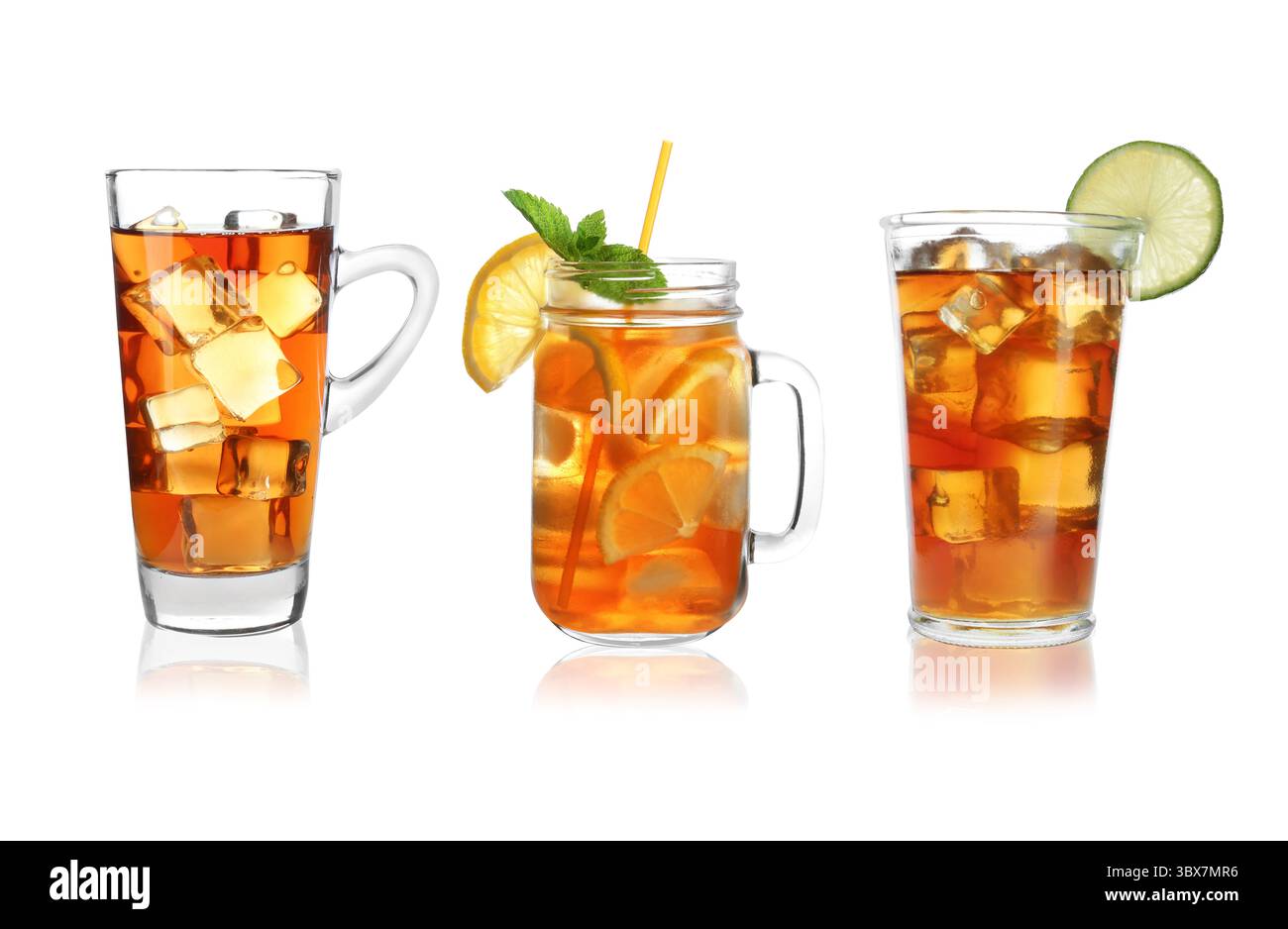 Iced tea. Different types of drinks in glasses isolated on white, set ...