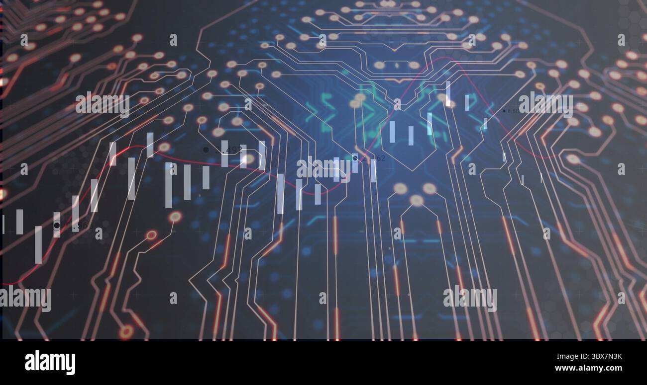 Showing circuit traces on data visualization, with bar chart, glowing ...