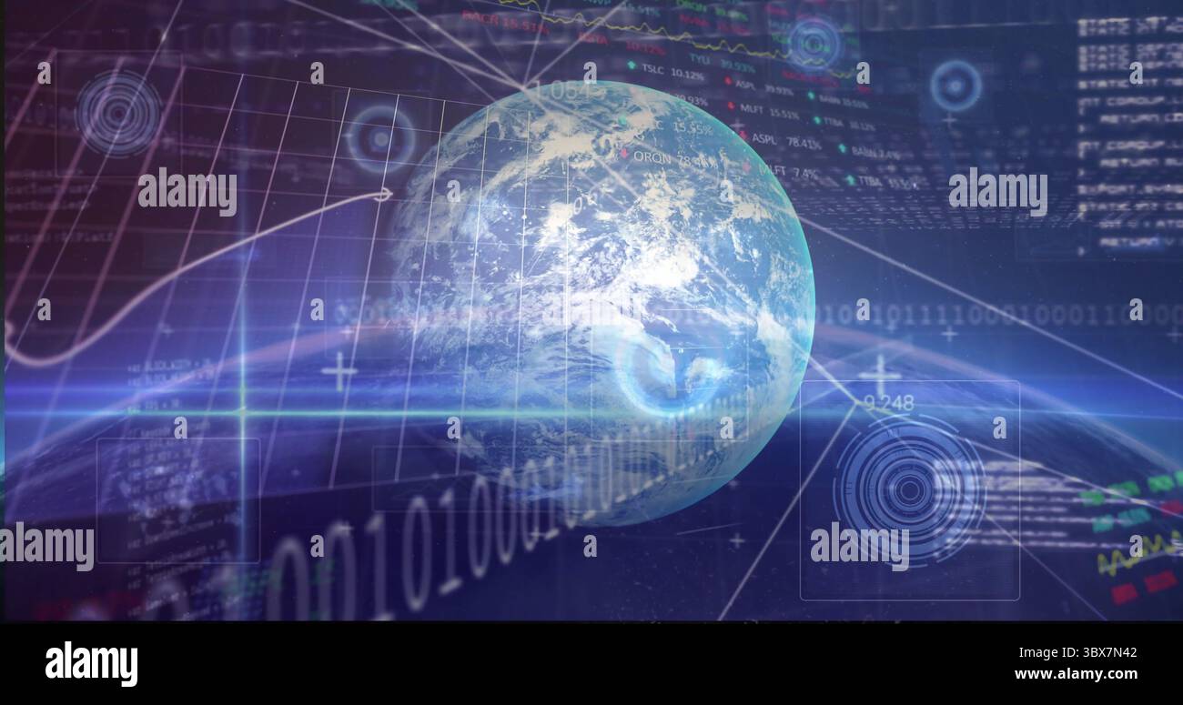 Rotating 3D Earth globe displaying stock charts in virtual high-tech interface, with binary ...